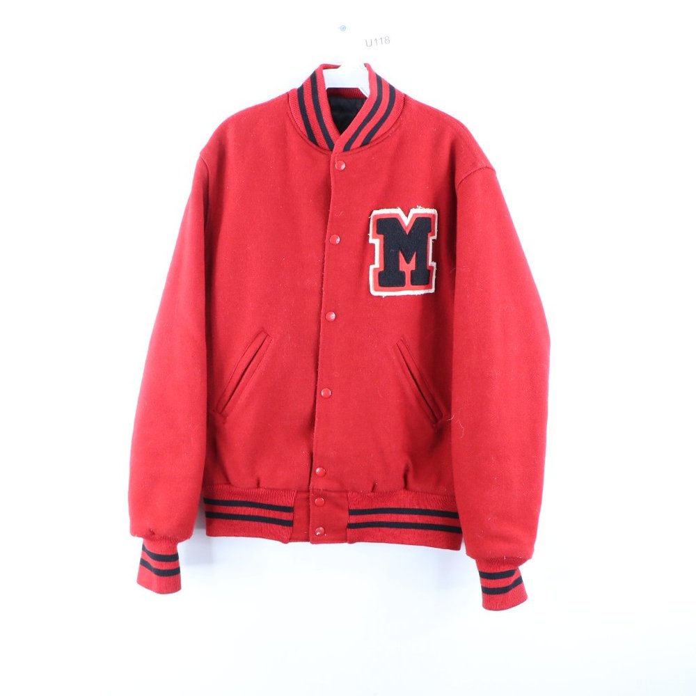 Vintage Wool Letterman Varsity Jacket Striped Red - Gem